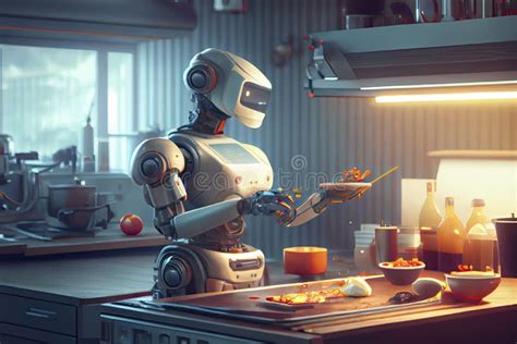 Robot Chef Cooking In Kitchen Of Future Home Genius Smart Robot Working In Modern House Stock