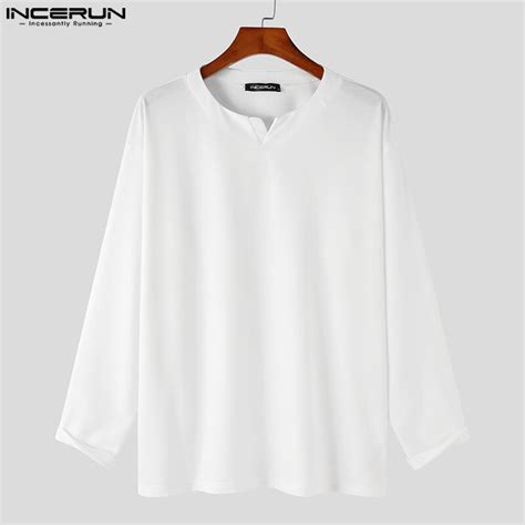 Incerun เสื้อลำลองคอวีแขนยาวสำหรับผู้ชายเสื้อยืดธรรมดาเสื้อยืดธรรมดา สไตล์เกาหลี Th