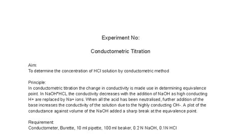 Conductometric Titration Experiment No Hcl Concentration Analysis