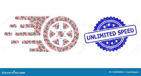 Scratched Unlimited Speed Seal Stamp And Recursion Bolide Car Wheel Icon Collage Stock Vector
