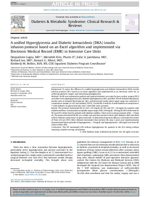 Pdf A Unified Hyperglycemia And Diabetic Ketoacidosis Dka Insulin Infusion Protocol Based On