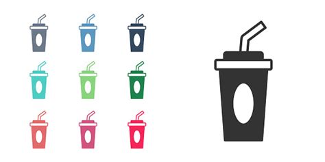 흰색 배경에 고립 된 마시는 빨대와 물 아이콘이있는 검은 종이 유리 소다 음료 유리 신선한 차가운 음료 기호 다채로운 아이콘을