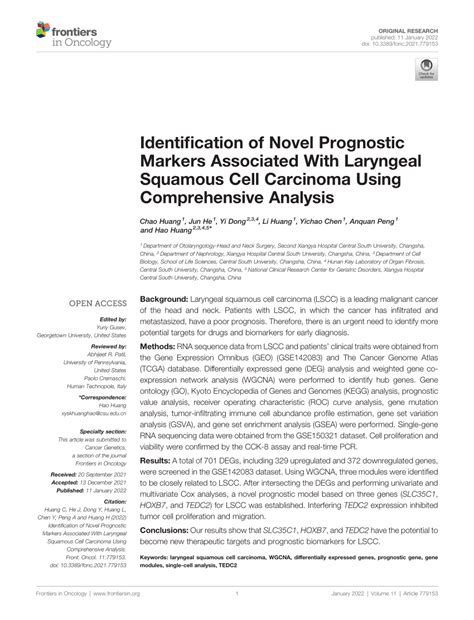 Pdf Identification Of Novel Prognostic Markers Associated With Laryngeal Squamous Cell