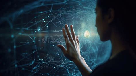 Big Data Concept Digital Neural Network Business Woman Hand Touching Introduction Of