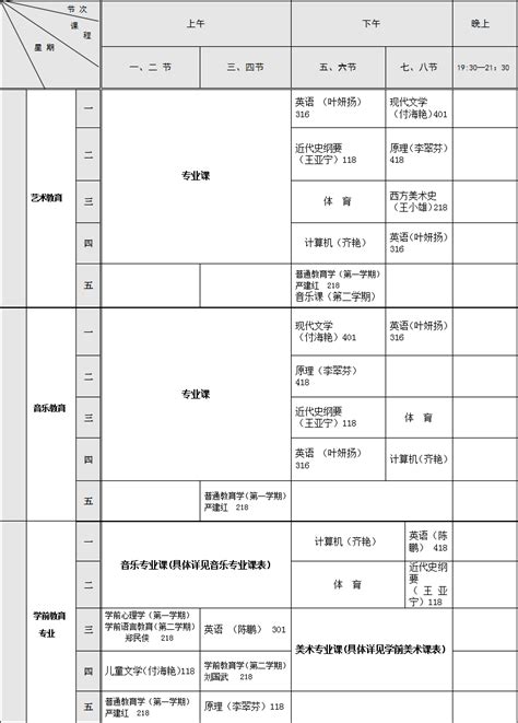 2015 2016学年本科文化课课表 艺术教育学院