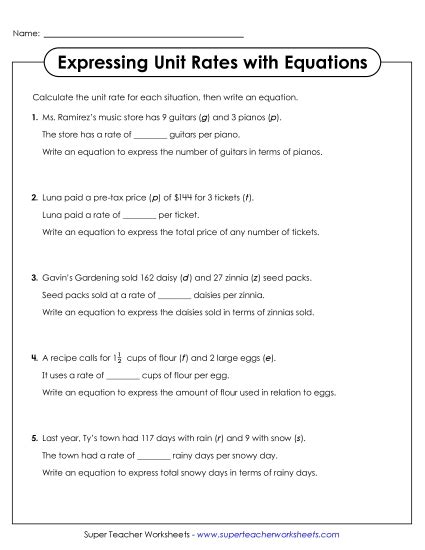 Write Unit Rate Equations Printable PDF Worksheet