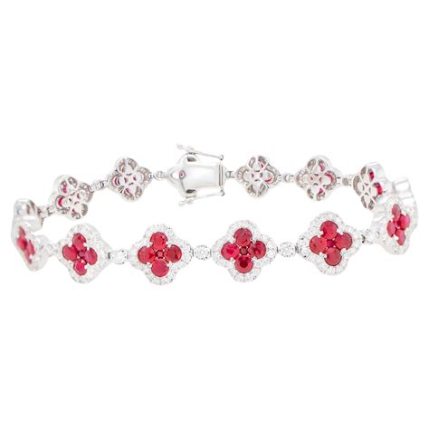 Clover Ruby Bracelet Diamond Links 647 Carats 18k White Gold For Sale