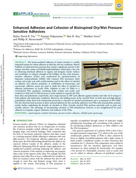 Pdf Enhanced Adhesion And Cohesion Of Bioinspired Dry Wet Pressure Sensitive Adhesives