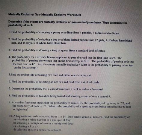 Lesson 6 Mutually Exclusive Events Worksheet Worksheets Library