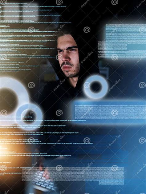 Man Night And Data Overlay With Hacker Criminal Programmer And Information Or Code For
