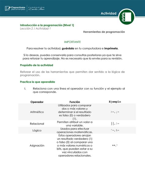 Actividad Programacion y base de datos Introducción a la programación Nivel Lección