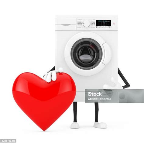 레드 하트현대 화이트 세탁기 캐릭터 마스코트 3d 렌더링 가사 집안일에 대한 스톡 사진 및 기타 이미지 가사 집안일 가정 생활 가정 주방 Istock