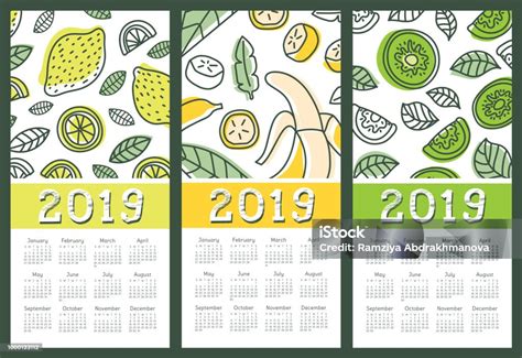 달력 2019 설정합니다 벡터 과일과 감귤 류입니다 레몬 바나나 키 위입니다 트로픽 캘린더입니다 낙서 디자인 서식 파일입니다 주는 일요일에 시작 됩니다 영어 2019년에