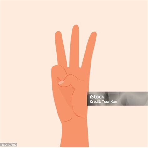 세 손가락 벡터 그림을 보여주는 손 손의 손가락으로 숫자 3을 표시합니다 여자 또는 남자 손 고립 된 흰색 배경 손가락은 손의 안쪽에 제기 플랫 디자인 3에 대한 스톡 벡터