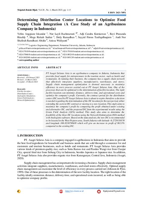 Pdf Determining Distribution Center Locations To Optimize Food Supply Chain Integration A