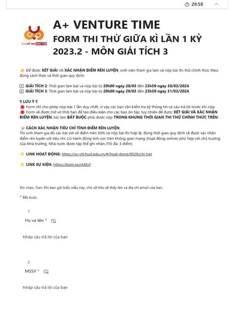 A Venture Time Form Thi ThỬ GiỮa KÌ LẦn 1 KỲ 20232 MÔn GiẢi TÍch 3 Pdf