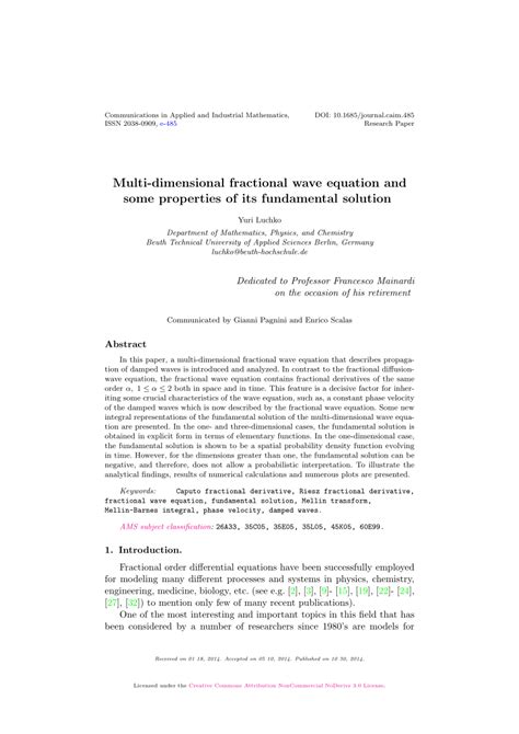 Pdf Multi Dimensional Fractional Wave Equation And Some Properties Of Its Fundamental Solution