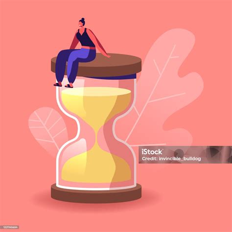 탈출 방 수수께끼에서 여성 캐릭터 여자는 거대한 모래 시계에 앉아 시간 관리 작업 계획 조직 멀티 태스킹 미루기 작업 생산성 만화 벡터 일러스트레이션 벽 시계에 대한 스톡