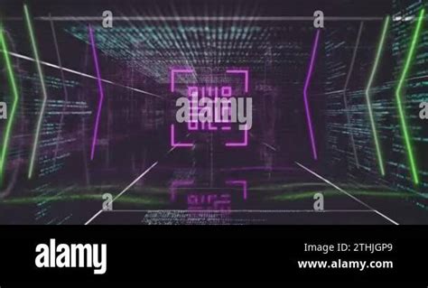 Animation Of Pink Qr Code Neon Lights And Data Processing On Black Background Global