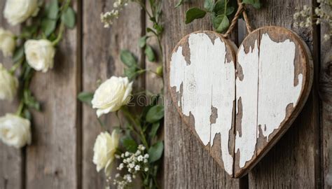 Rustic Wooden Heart Decor Hangs On Weathered Wood Plank Wall With White