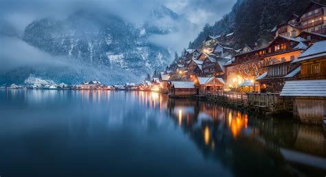 Download Fog Mountain Lake Austria Man Made Hallstatt Hd Wallpaper