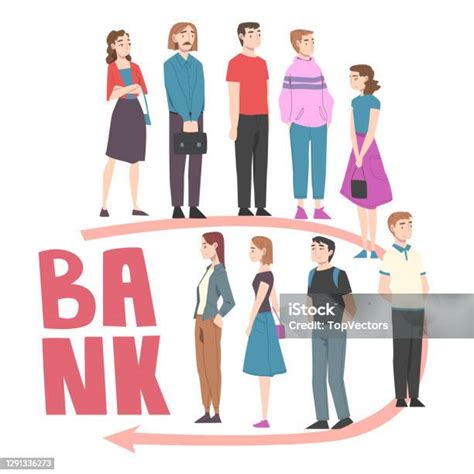 뱅크 카툰 스타일 벡터 일러스트레이션에서 줄을 서서 기다리는 다양한 사람 남성 여성의 대기열 금융에 대한 스톡 벡터 아트 및 기타 이미지 Istock