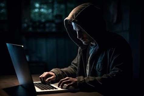 Premium AI Image Hooded Hacker Stealing Data From Laptop At Night In Dark Room