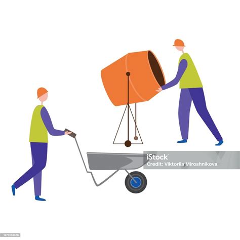 흰색 배경에 고립 된 균일하고 단단한 모자를 입은 작업자 건설 노동자 콘크리트 믹서 수레가있는 플랫 벡터 스톡 일러스트레이션 강철에 대한 스톡 벡터 아트 및 기타 이미지