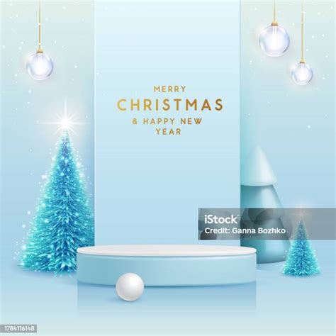 휴일 크리스마스 쇼케이스 3d 연단과 크리스마스 트리가 있는 파란색 배경 추상적인 최소한의 장면입니다 벡터 일러스트 레이 션 크리스마스에 대한 스톡 벡터 아트 및 기타