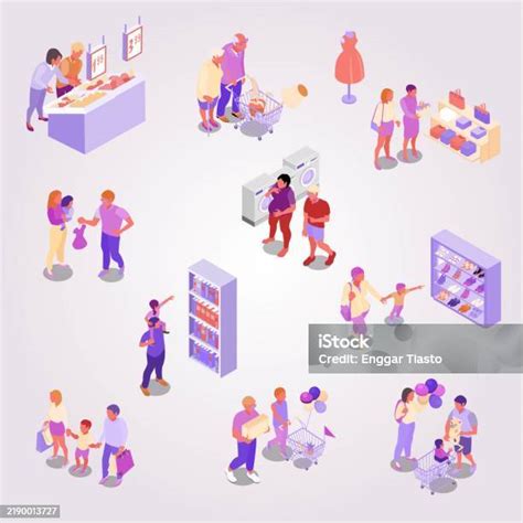 가족 쇼핑 Isometric 흐름도 성인과 쇼핑몰 벡터 일러스트 레이 션의 다양한 부서에서 아이 3차원 형태에 대한 스톡 벡터 아트 및 기타 이미지 Istock