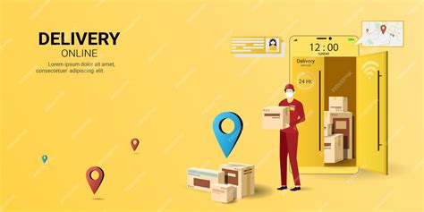 휴대 전화와 함께 소포 상자를 들고 배달 택배 남자 온라인 배달 서비스 웹 사이트 또는 배너 3d 관점 벡터 일러스트 레이 션에 대 한 웹 페이지 디자인의 인터넷 전자