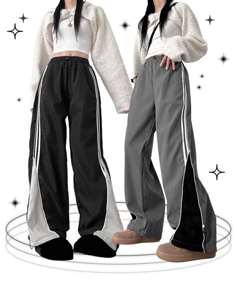 두줄포인트밑단스트링 힙트랙 와이드핏 밴딩팬츠 에이블리