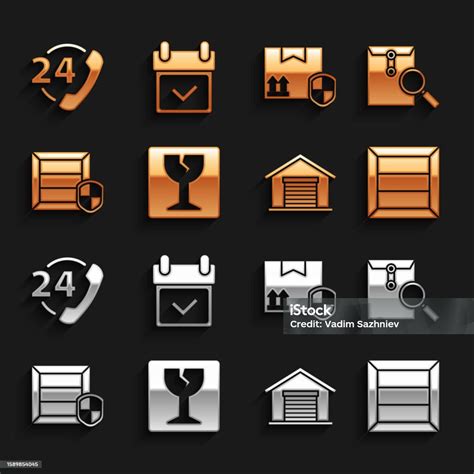 깨지기 쉬운 깨진 유리 확대 봉투 나무 상자 창고 배달 팩 보안 방패 전화 24 시간 지원 및 달력 확인 표시 아이콘을