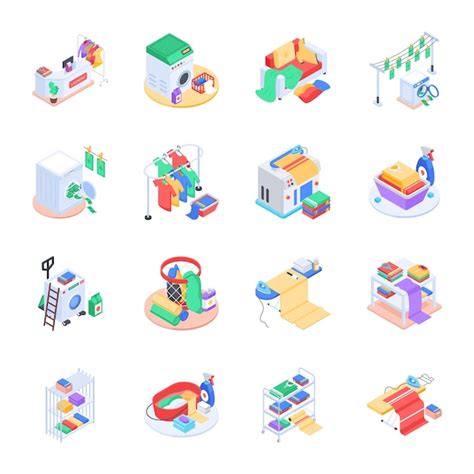 세탁 기계 아이소메트릭 아이콘의 컬렉션 프리미엄 벡터