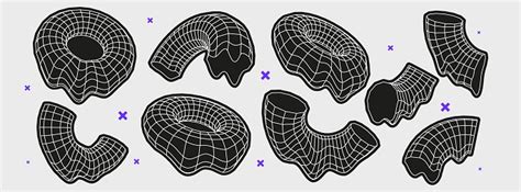 기하학적 왜곡 모양 또는 트렌디 한 잔인 한 스타일 요소의 집합 3d 와이어프레임 모델이 있는 플랫 벡터 일러스트레이션 개념