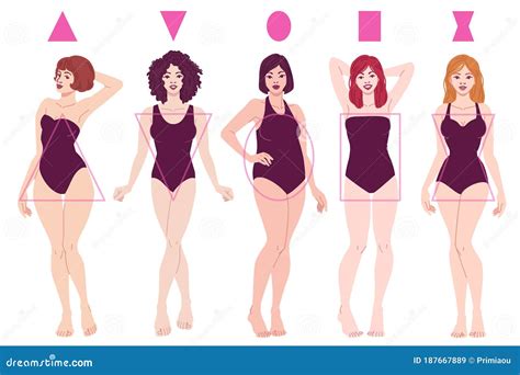 Female Body Shape Types Pear Inverted Triangle Apple Rectangle Hourglass Stock Vector