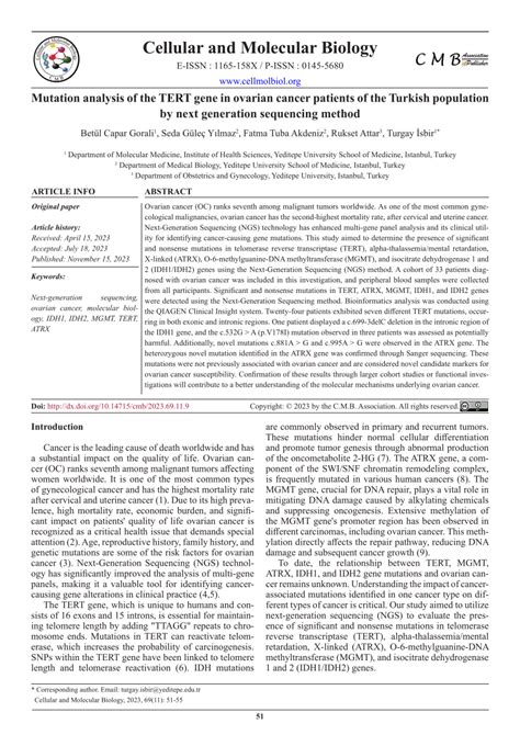 Pdf Mutation Analysis Of The Tert Gene In Ovarian Cancer Patients Of The Turkish Population By