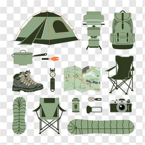 흰색 배경에 설정된 캠핑 장비의 벡터 그림 흰색 배경에 캠핑 장비 세트의 벡터 그림 투명한 배경에 있는 캠핑 요소 집합의 벡터 그림 투명 배경의 야외 여름 캠핑 요소