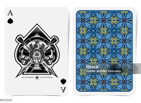 스페이드의 에이스 얼굴 엉 겅 퀴 식물 패턴과 교차 화살표와 어두운 소송에 파란색 기하학적 곤충 패턴으로 다시 벡터 카드 템플릿 스페이드 에이스에 대한 스톡 벡터 아트 및