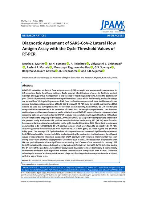 Pdf Diagnostic Agreement Of Sars Cov 2 Lateral Flow Antigen Assay With The Cycle Threshold