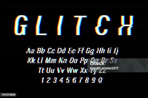 검은 배경에 글리치 글꼴 글리치 디자인에 숫자와 알파벳 문자 세련 된 스타일은 글리치 서체를 왜곡 문자와 숫자 0명에 대한 스톡