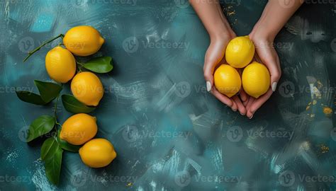 Ai Generated Female Hands Hold Lemons On A Green Background Top View