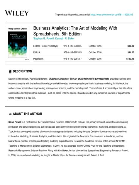 Wiley Business Analytics The Art Of Modeling With Spreadsheets 5th Edition 978 1 119 29833