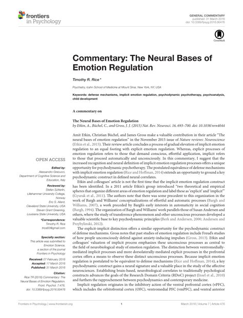 Pdf Commentary The Neural Bases Of Emotion Regulation