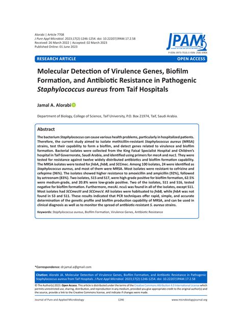 Pdf Molecular Detection Of Virulence Genes Biofilm Formation And Antibiotic Resistance In