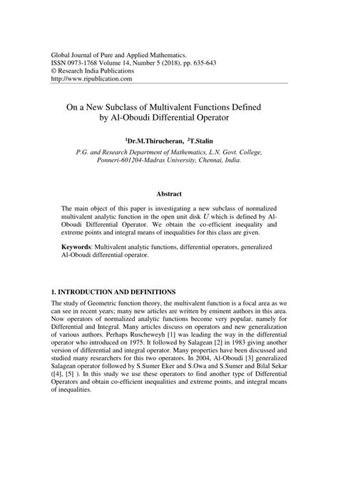 Pdf On A New Subclass Of Multivalent Functions Definedby Al Oboudi