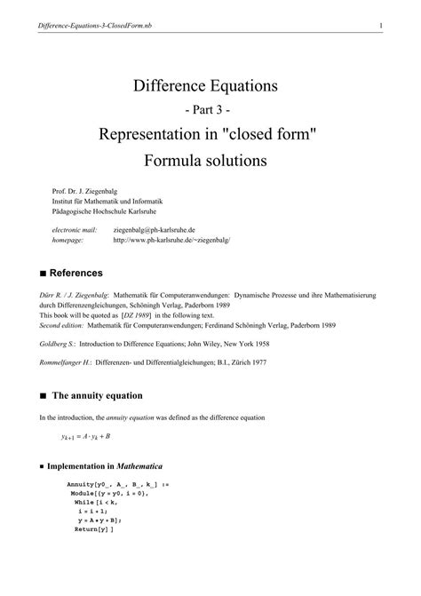 Difference Equations Representation In Closed Form Formula