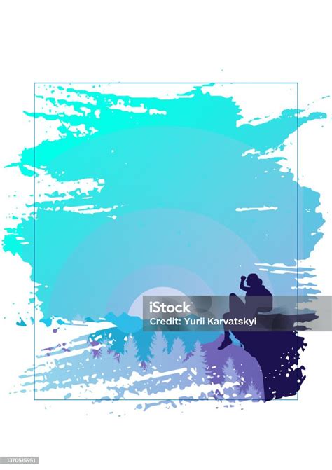 산악 풍경 브러시 스트로크의 프레임입니다 하이킹 모험 자연을 발견하고 탐험하고 관찰하는 여행 개념 다각형 미니멀 그래픽 플랫 디자인 플랫 일러스트레이션 앉음에 대한 스톡