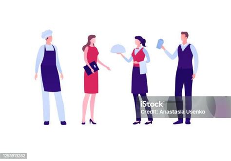 레스토랑 비즈니스 직원 개념 벡터 플랫 인물 일러스트 세트입니다 남자와 여자 팀 직원의 그룹 요리사 여주인 웨이터 웨이트리스 캐릭터 배너 인포그래픽 메뉴용 디자인 요소