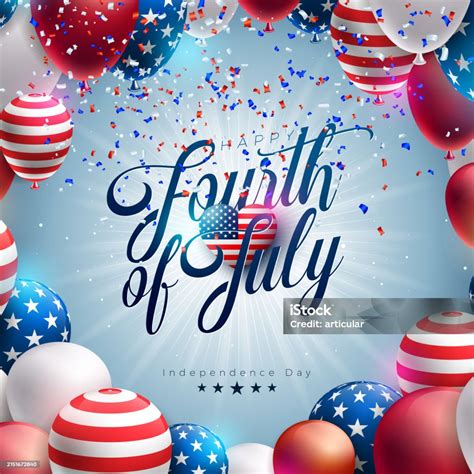 7 월 4 일 미국 독립 기념일 떨어지는 색종이 배경에 미국 국기 패턴 하트와 파티 풍선 벡터 일러스트 레이 션 7 월 4 일 배너 인사말 카드 초대장 또는 Holid에